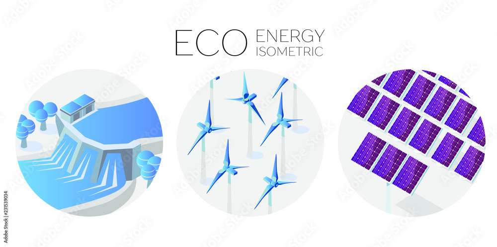 Alternative energy concept vector flat illustration. solar panel, wind ...