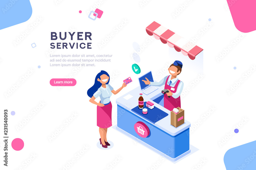 Money and cashier. Flat image with buyer for banner. Infographic of ...