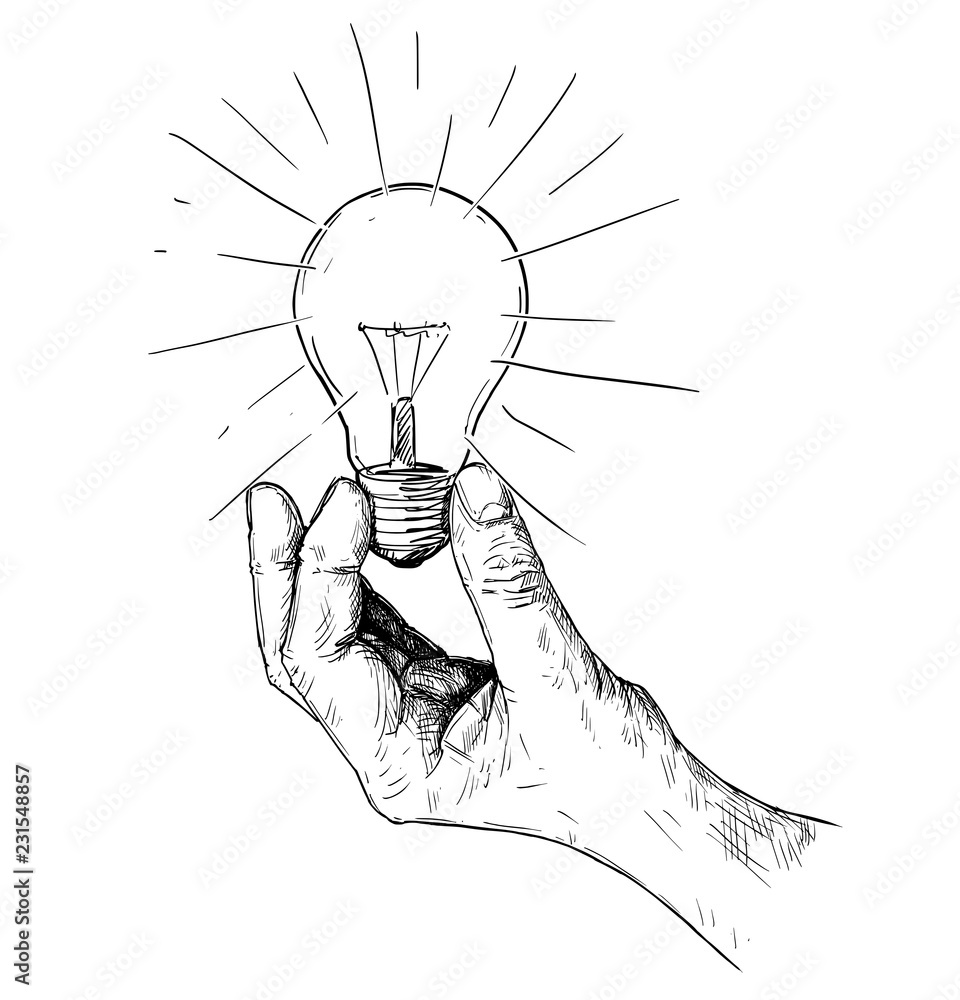 Vector artistic pen and ink drawing illustration of hand holding light ...