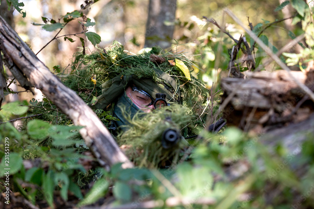 special forces, soldier assault rifle with silencer, optical sight ...