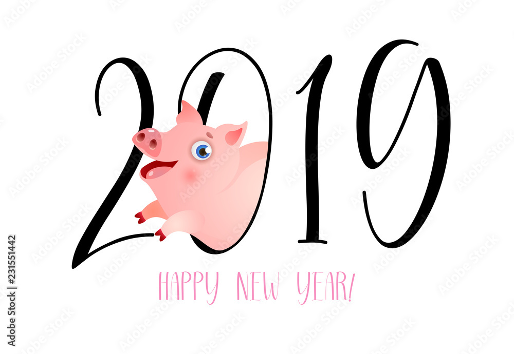 Happy New Year with cartoon chubby piglet banner design. Calligraphy ...