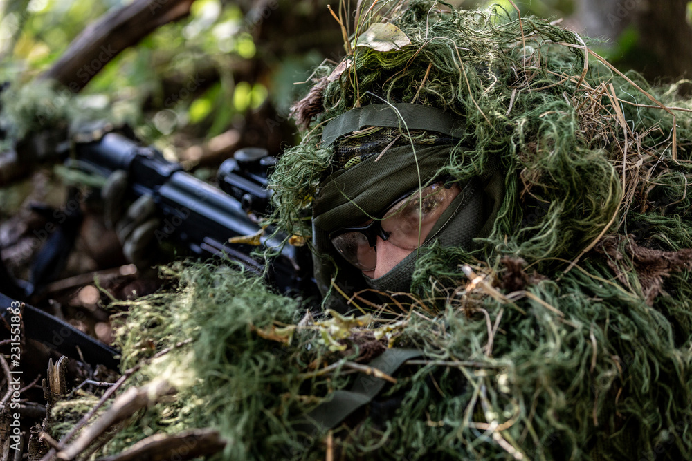 special forces, soldier assault rifle with silencer, optical sight ...