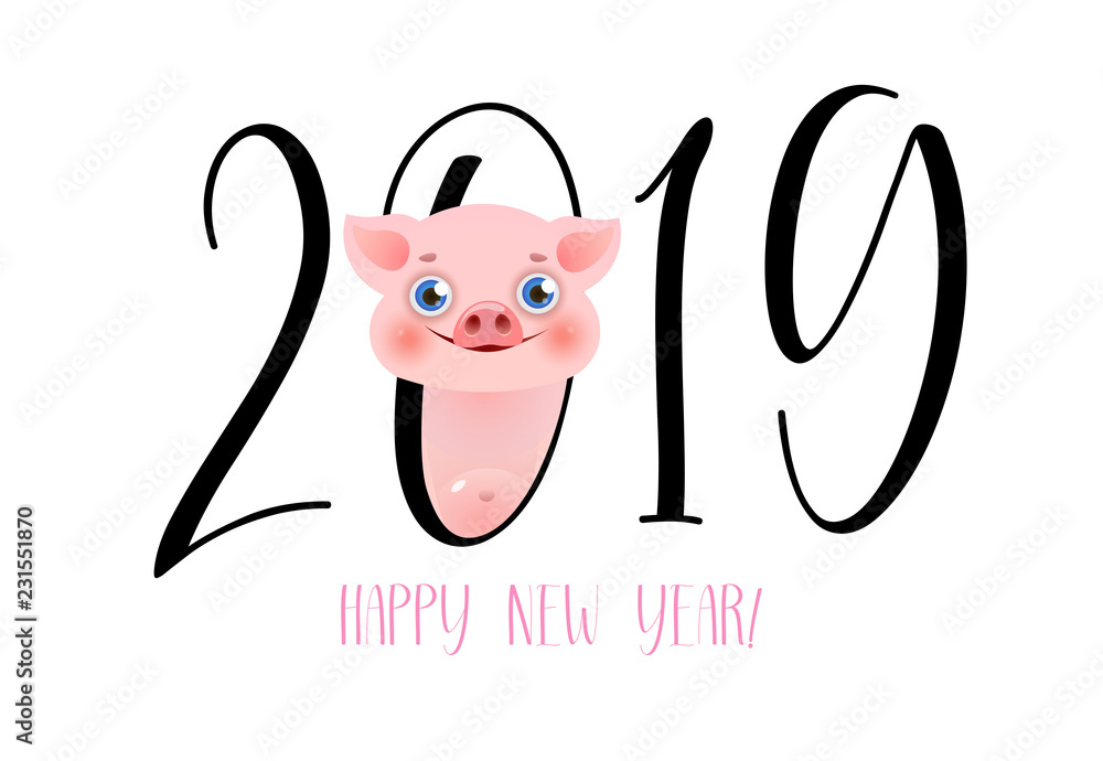 Happy New Year with funny piggy banner design. Calligraphy with piglet ...