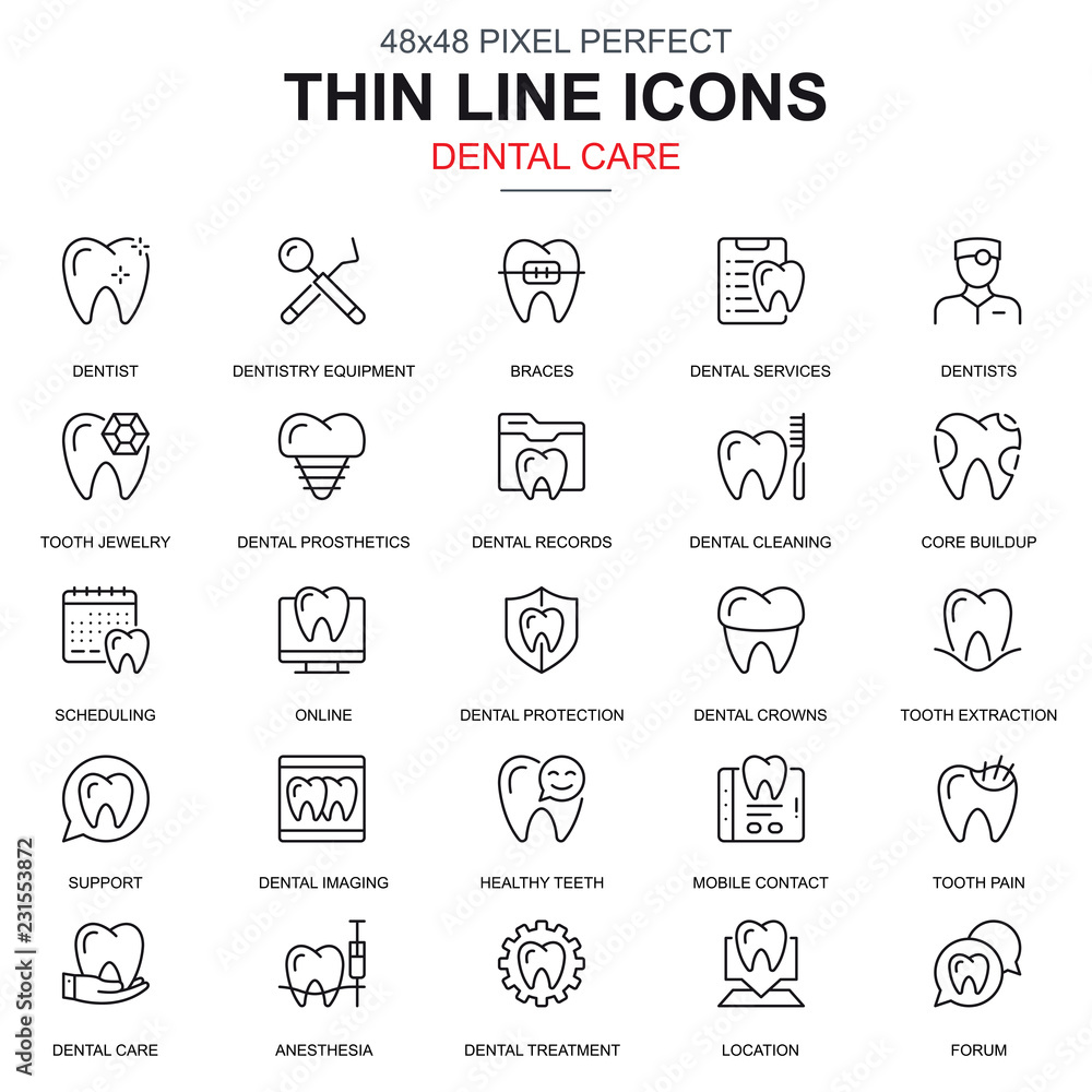 Thin line dental care, dentistry equipment icons set for website and ...