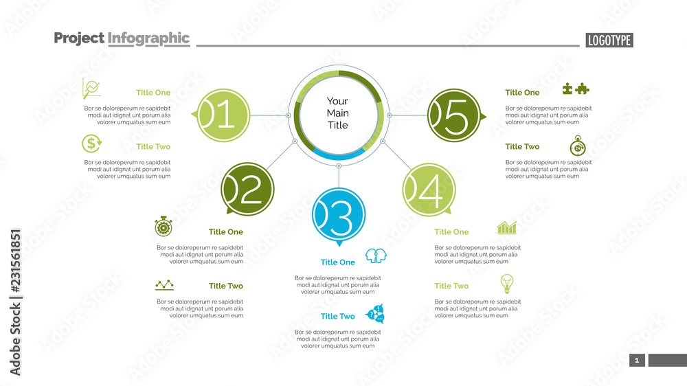 Five points process chart slide template. Business data. Structure ...
