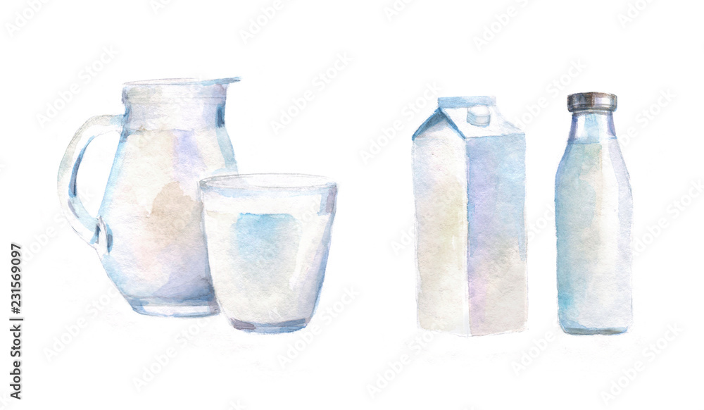watercolor isolated illustration of water or milk, drawn pictures on a ...