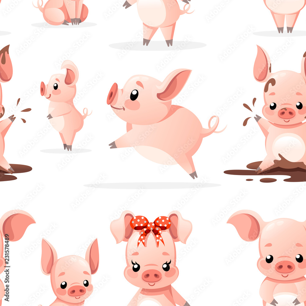 Seamless pattern. Cute pig collection. Cartoon character design. Little ...