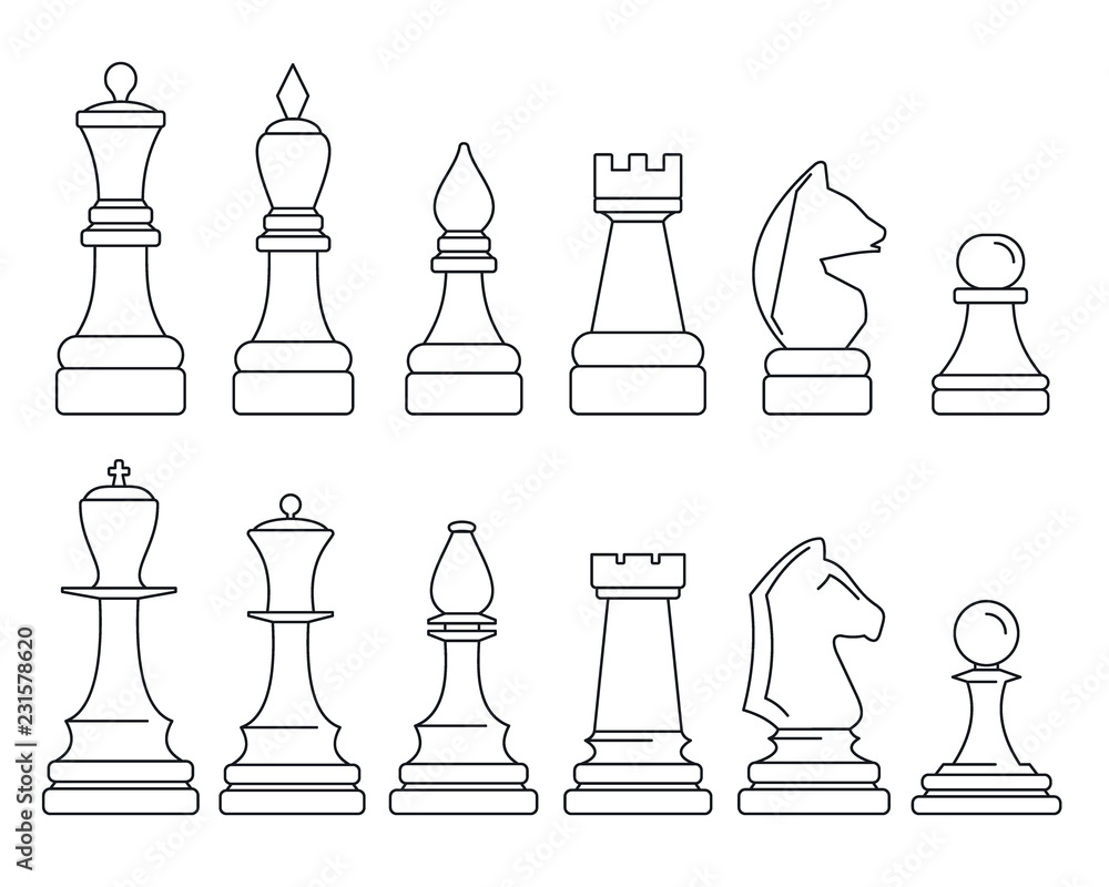 Chess piece icon set. Outline set of chess piece vector icons for web ...