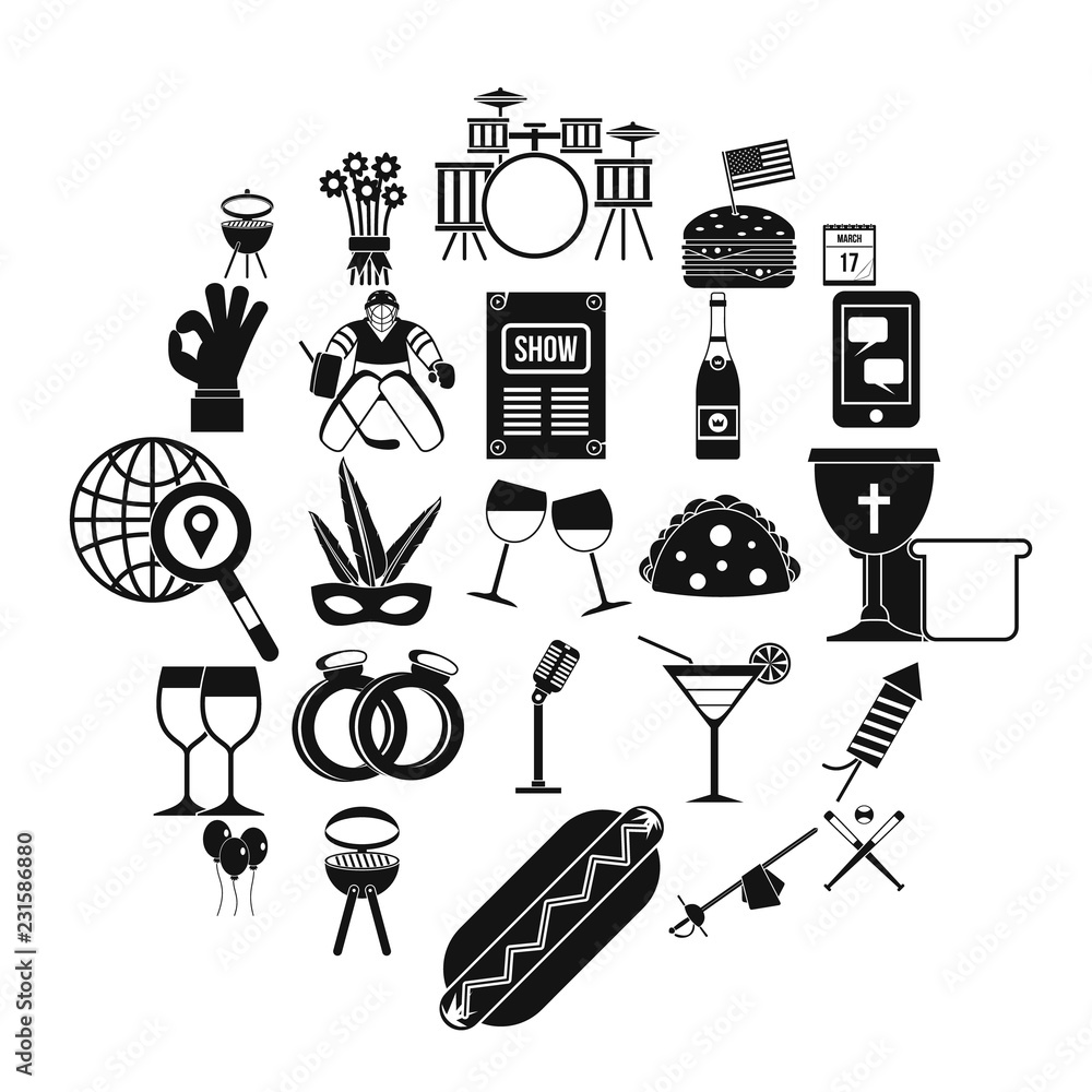 Happening icons set. Simple set of 25 happening vector icons for web ...