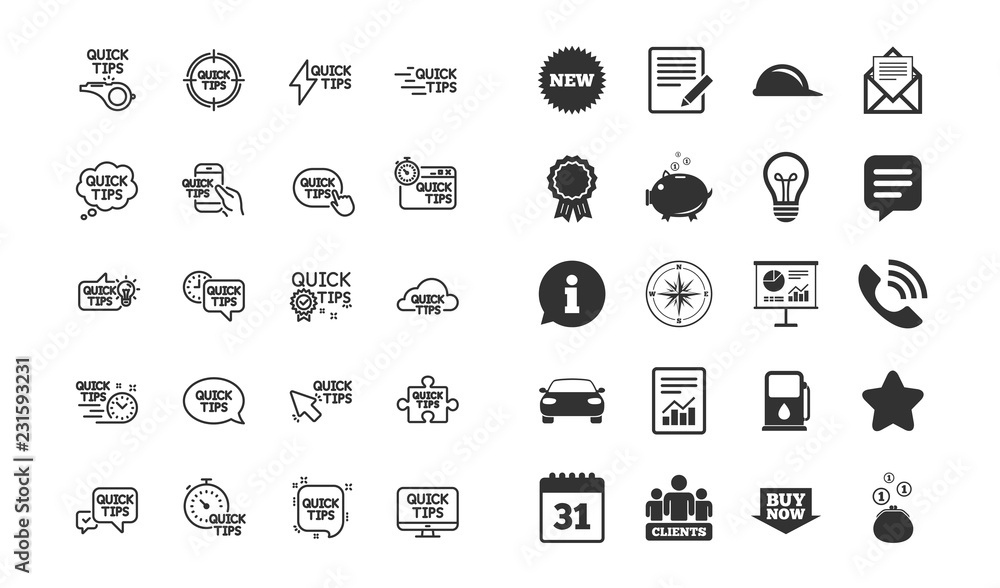 Quick tips line icons. Set of Helpful tricks, Solution and Quickstart ...