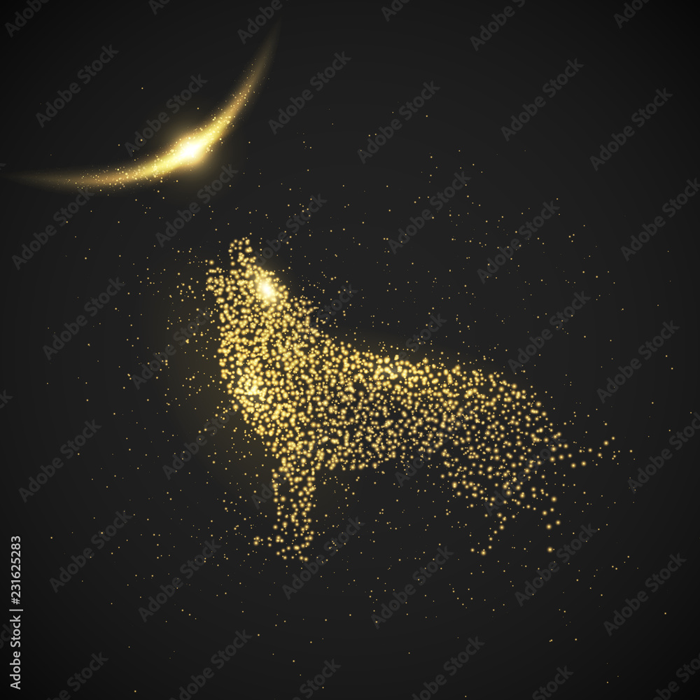 Howling wolf. Gold glitter particles and lights effect on black ...