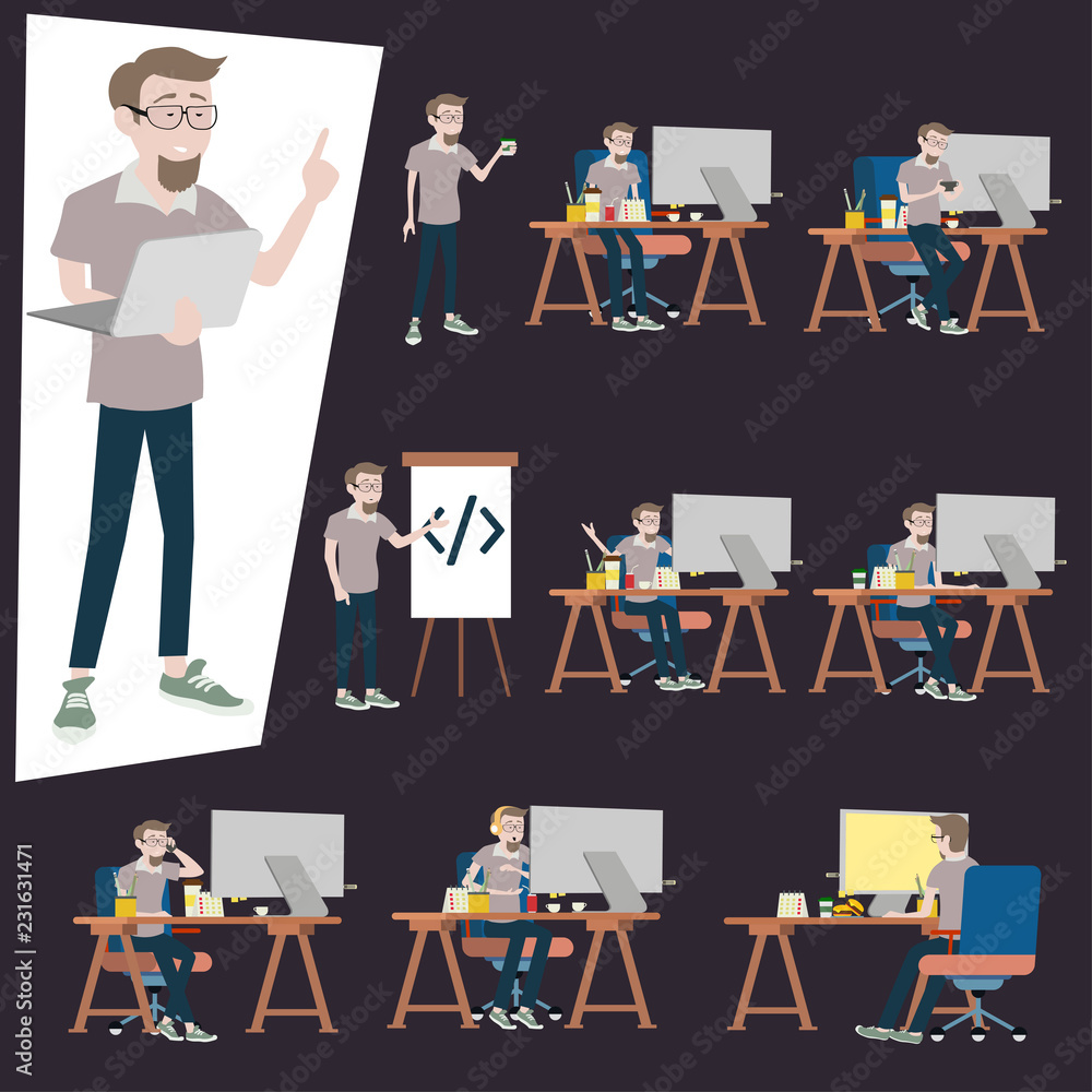 Vector illustration in a flat style of programmer working in office ...