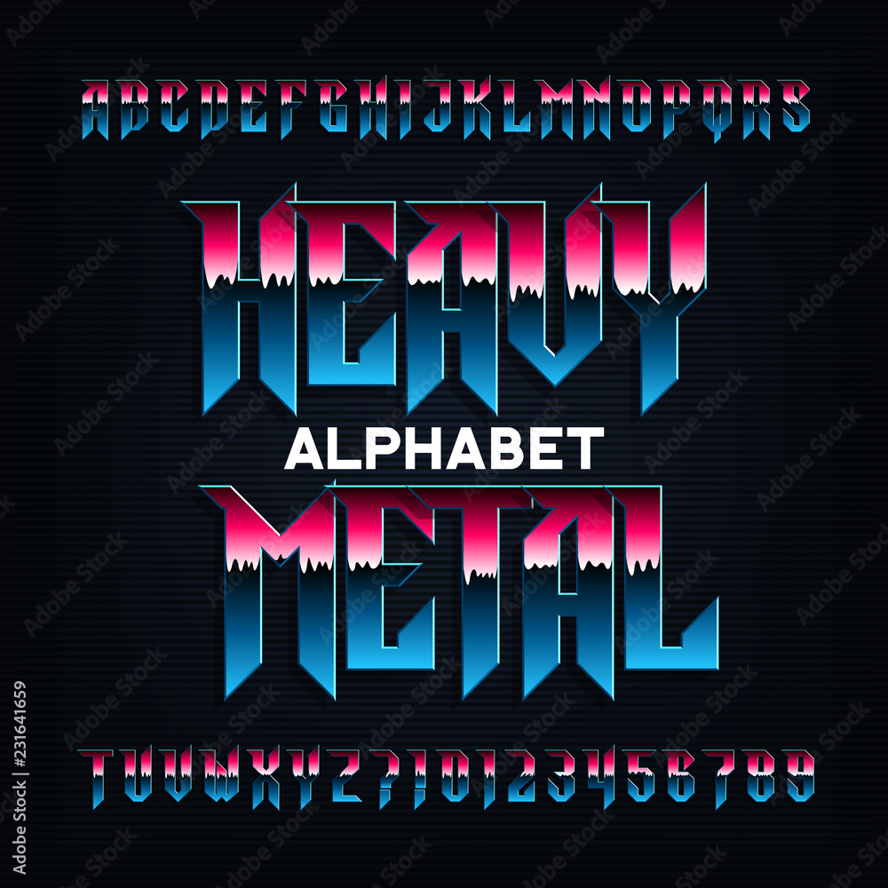 Heavy metal alphabet font. Metal effect beveled letters, numbers and ...