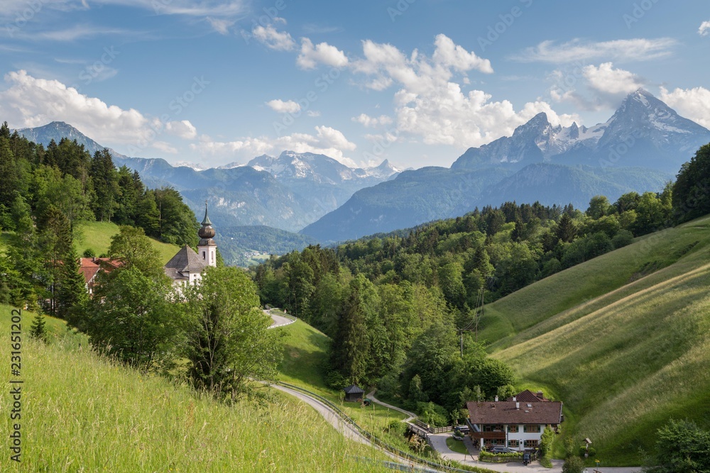 Maria Gern pilgrimage church with alpine meadow and farm in front of ...