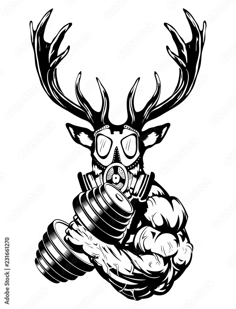 Strong deer the athlete performs the exercise for biceps with dumbbells ...