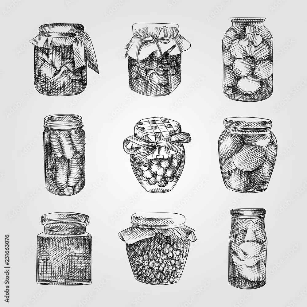 Set of Hand Drawn glass jars of picked vegetables and fruits ...