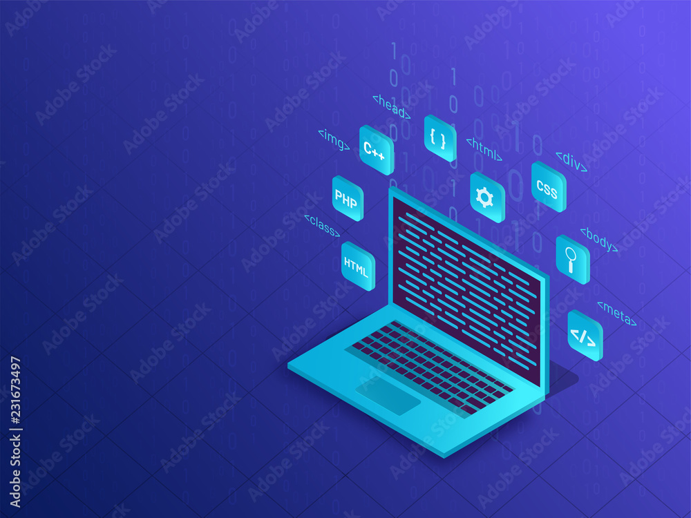 Isometric illustration of laptop with different programming languages ...