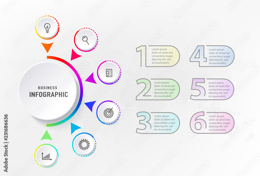 Infograph 6 steps element, diagram process with centre circle and ...