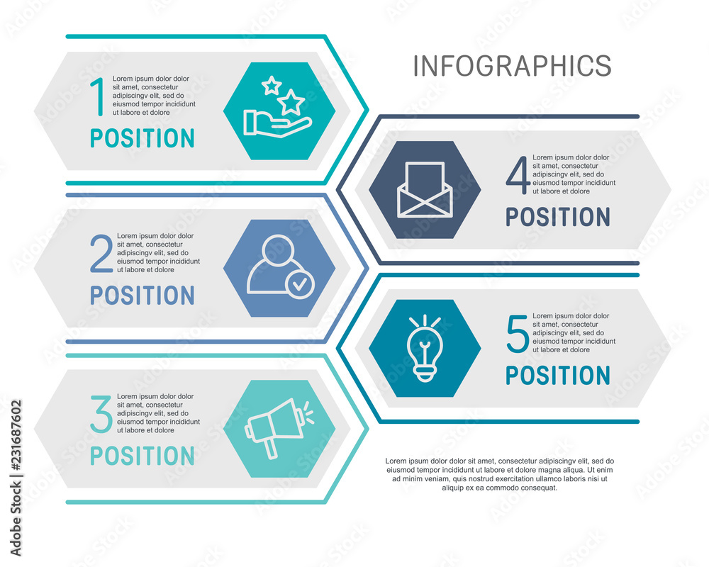 Flat line vector illustration. Infographic template with five elements, hexagons, rectangle ...