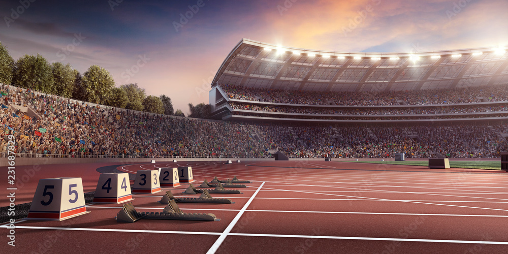 Running track 3D illustration. Professional athletics stadium. Starting ...