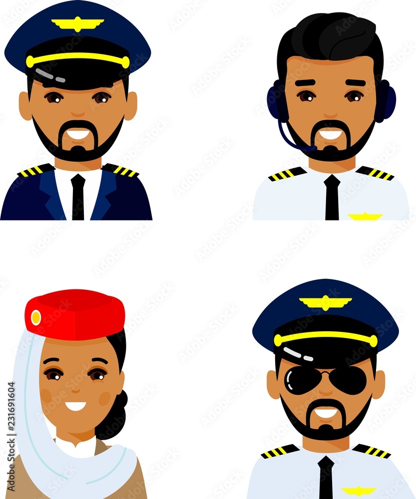 Set of arab avatar pilot, captain, stewardess. Group of flat cute ...