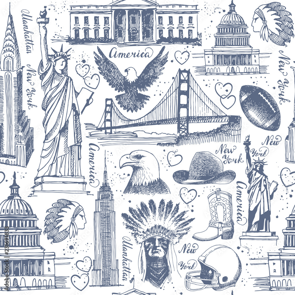 Seamless background with sketches of symbols of the USA Stock Vector ...