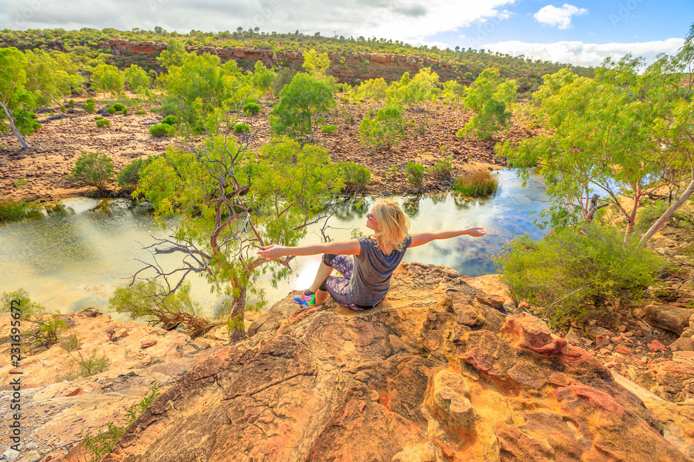 Outdoor activities in Kalbarri. Freedom girl enjoying in Australian ...