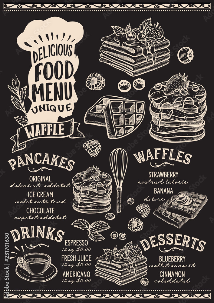 Waffle and pancake food menu template for restaurant with chefs hat ...