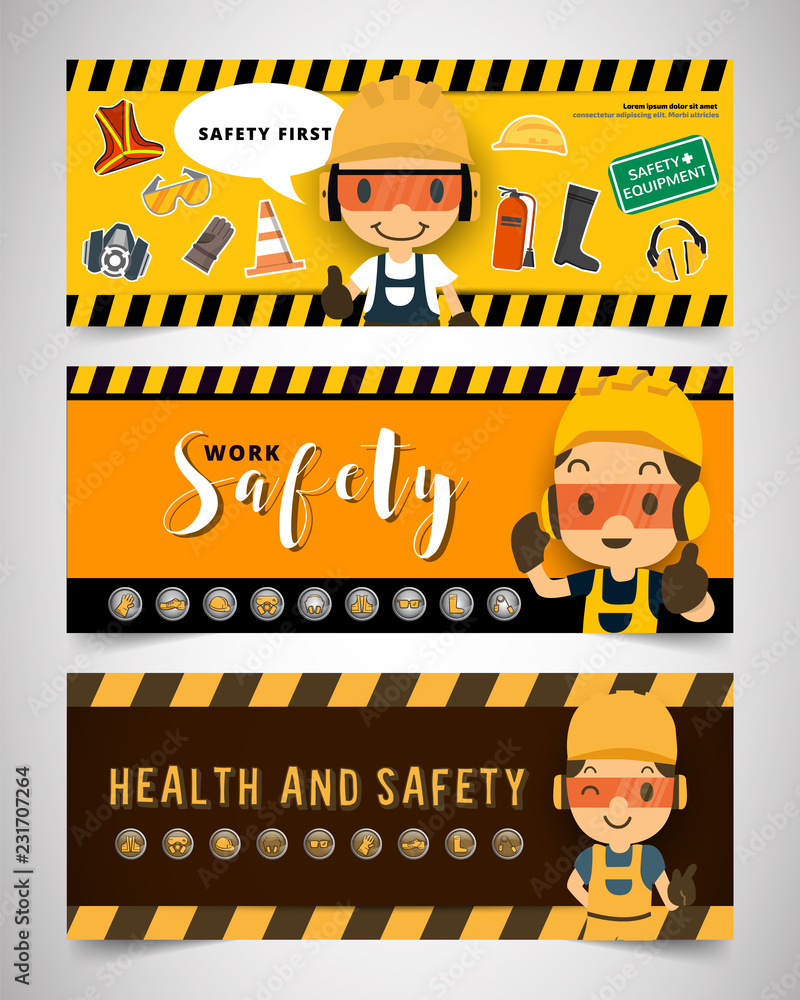 Set of Construction worker repairman thumb up banner, safety first ...