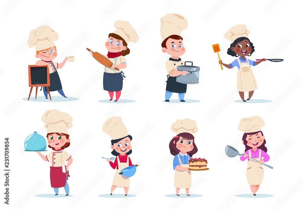 Cook kids. Cartoon chief children preparation meal. Cooking class ...