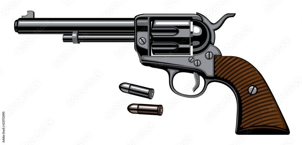 Illustration with old revolver with two bullets isolated on white ...