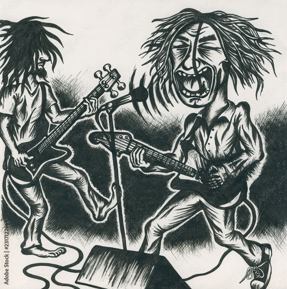 Singer and guitarist from rock and hardrock band is singing and ...