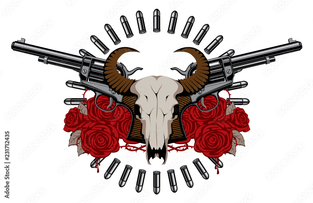 Vector emblem with skull of bull, two old revolvers, bullets and red ...