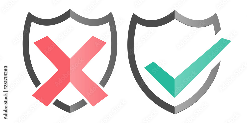 Shields and check marks icons set. Red and green shield with checkmark ...