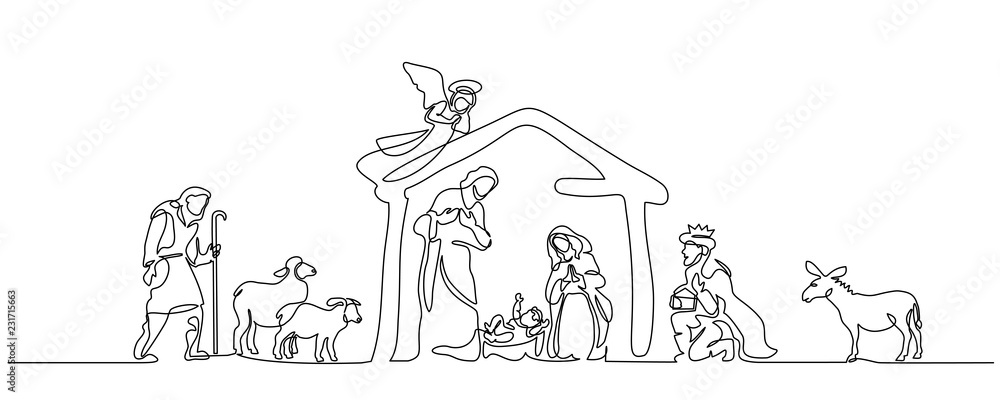 Continuous one line drawing. Bible Merry christmas scene of holy family ...