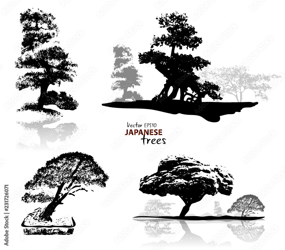 Silhouette of japanese trees black on white background, vector ...