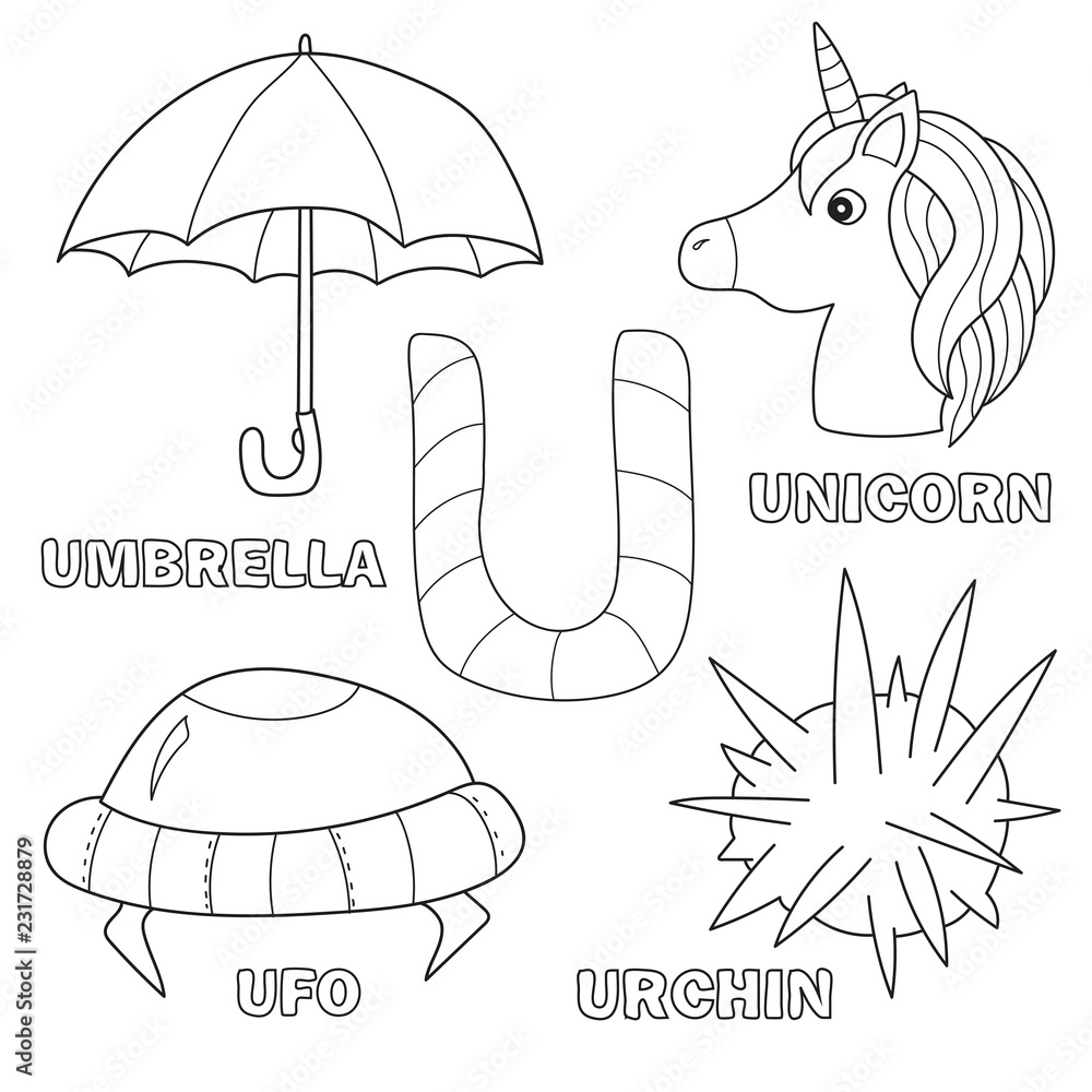 Kids alphabet coloring book page with outlined clip arts. Letter U ...