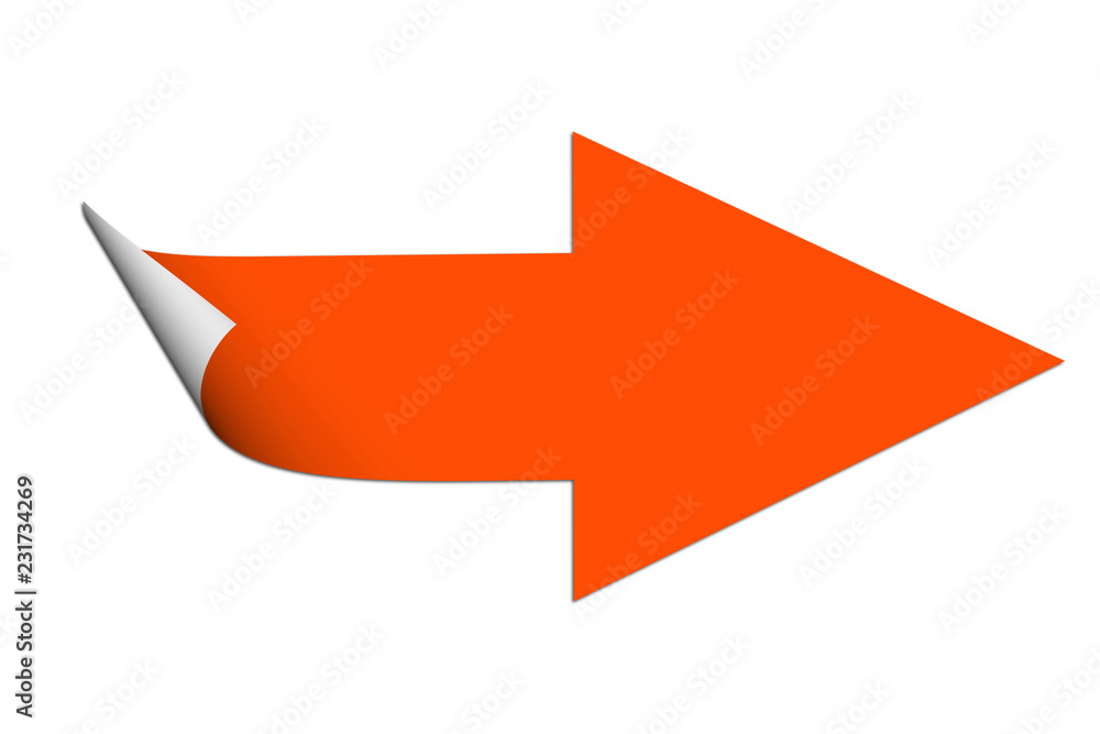 Oranger Pfeil nach rechts mit aufgerollter Ecke vor weißem Hintergrund ...