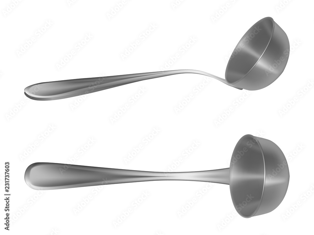 set of chrome ladles in different angles, top and side view. On a white ...
