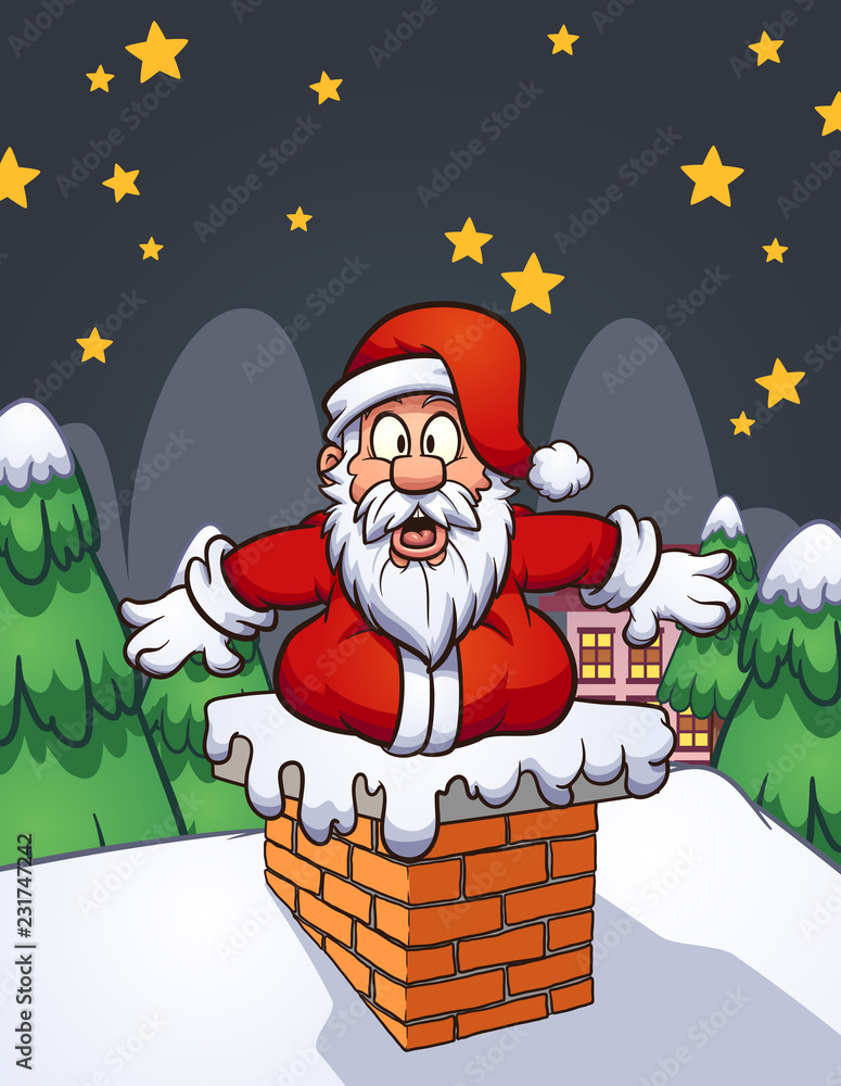 Fat shocked cartoon Santa Claus stock in chimney. Vector clip art ...