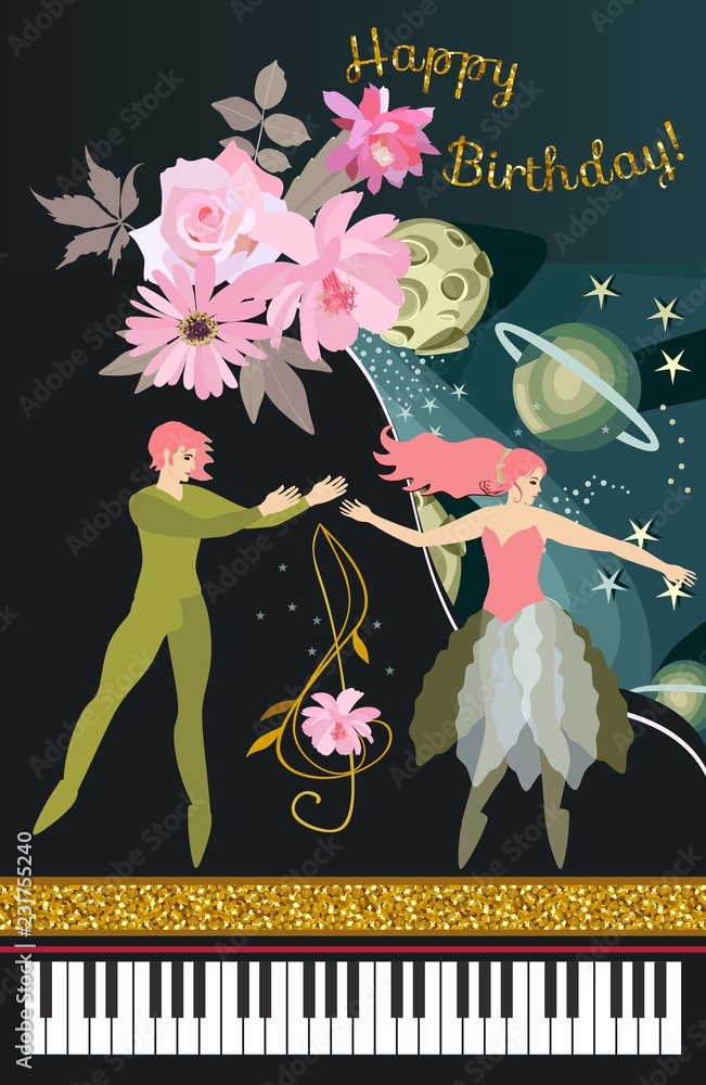 Musical greeting card Happy birthday. Black concert grand piano, ballet ...