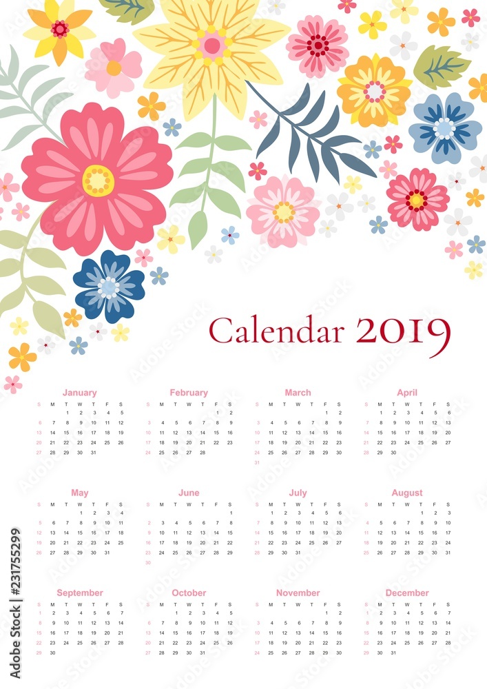 Cute calendar for 2019 year. Week starts on sunday. Vector template ...