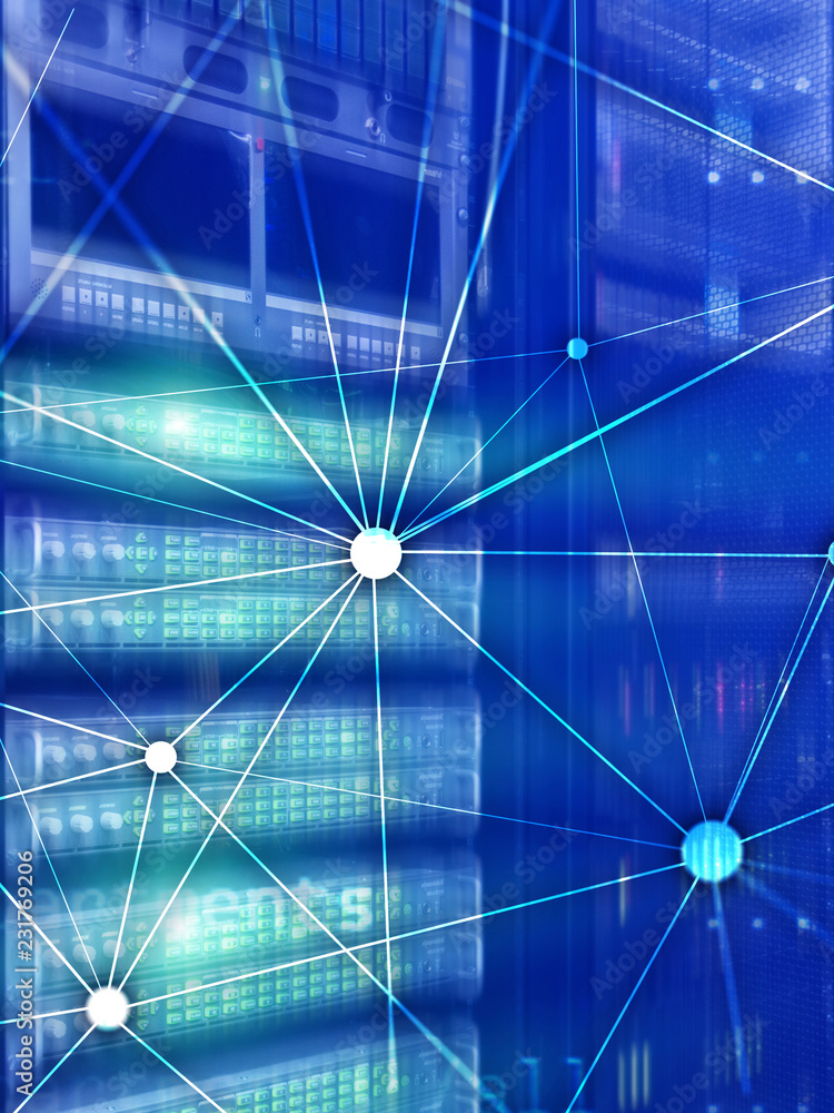 World map with communication network on server room background. Stock ...