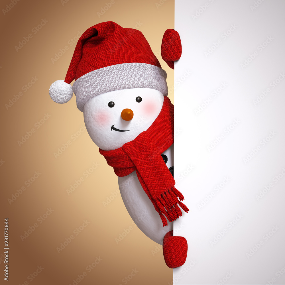 3d render, funny snowman cartoon character, holding blank banner ...