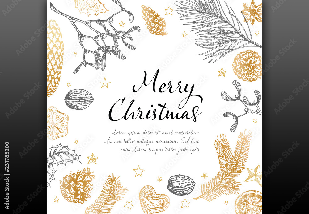 Holiday Card Layout with Hand-Drawn Illustrations Stock Template ...
