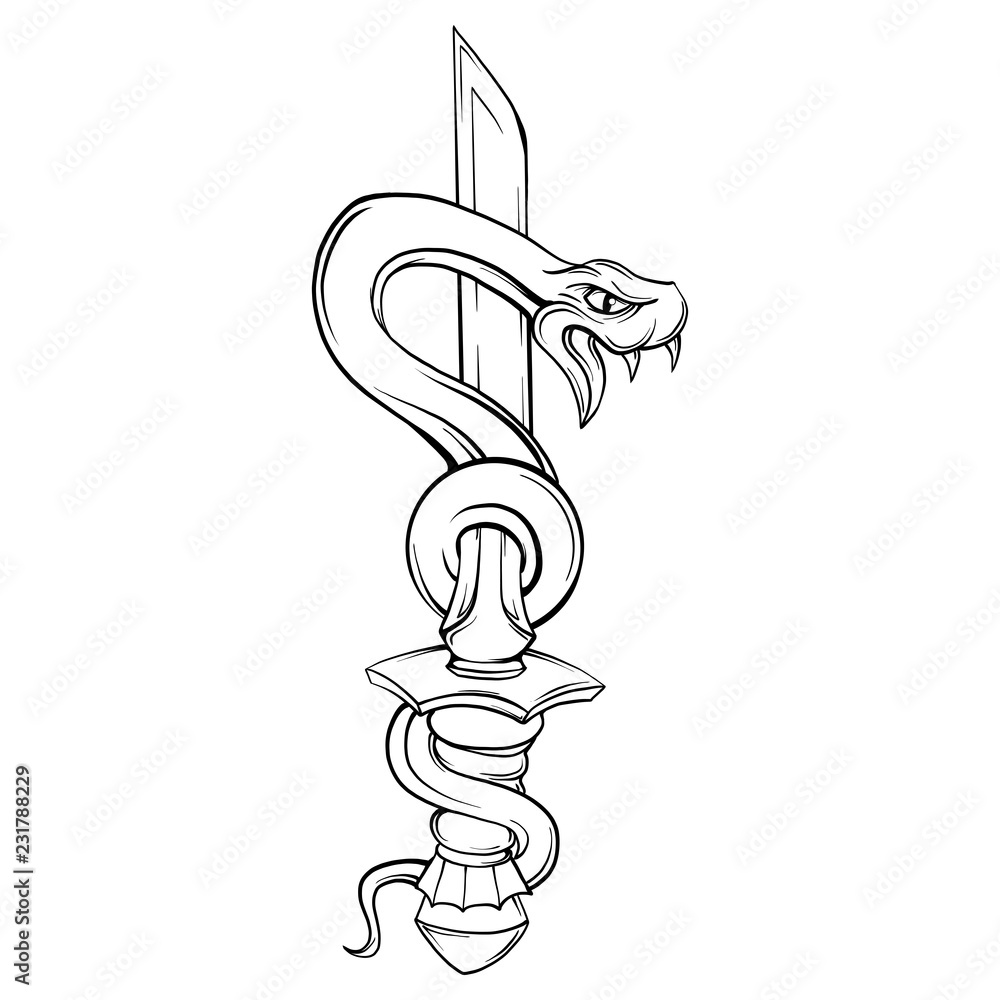 Snake with sword. Old school tattoo style. Isolated element on white ...