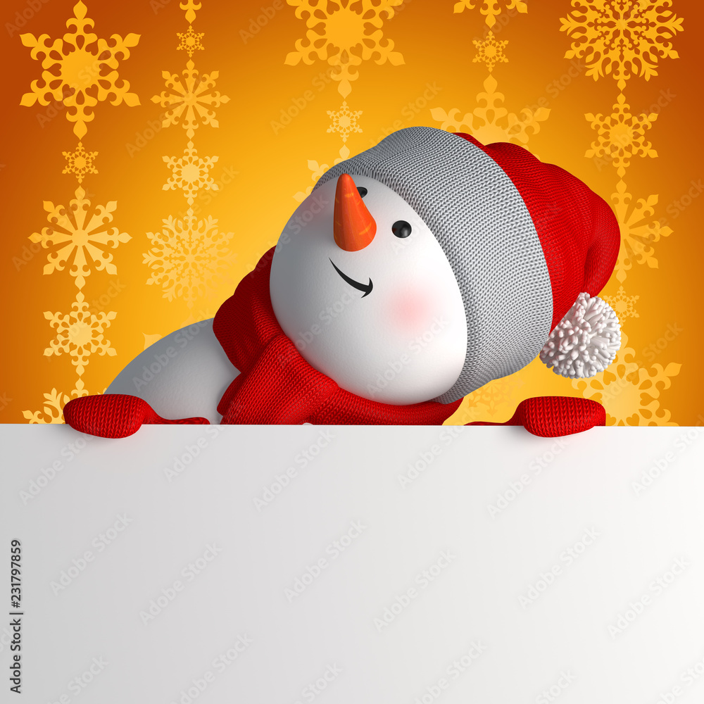 3d render, curious snowman looking up, holding blank banner, Merry ...
