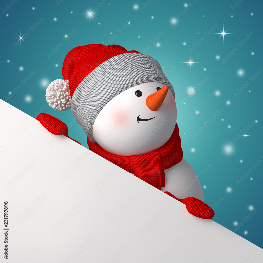 snowman looking up and holding blank page corner, Merry Christmas ...