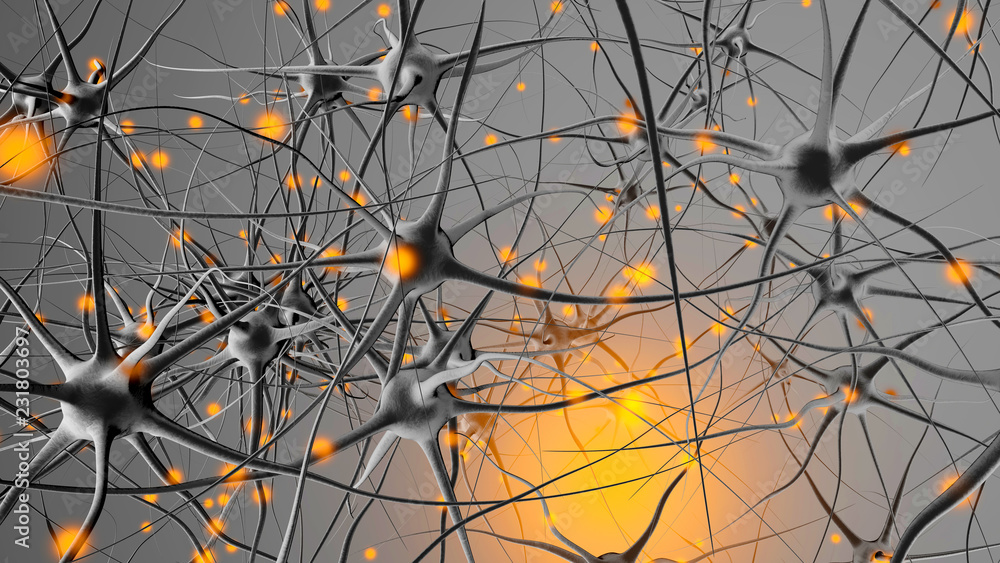 3D rendered Illustration of a biological neural cell network ...