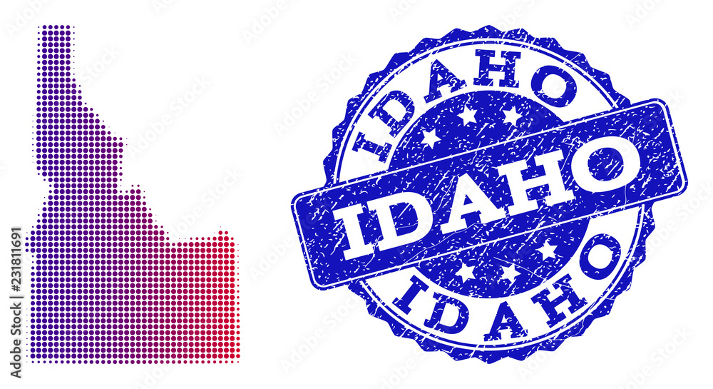 Halftone dot map of Idaho State and blue rubber seal stamp. Vector ...